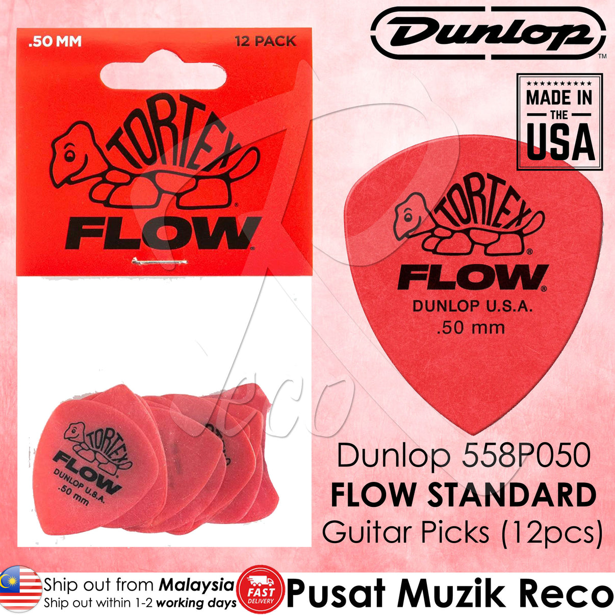 Jim Dunlop 558P.50 Tortex Flow Standard .50mm Guitar Picks, Pack of 12 ...